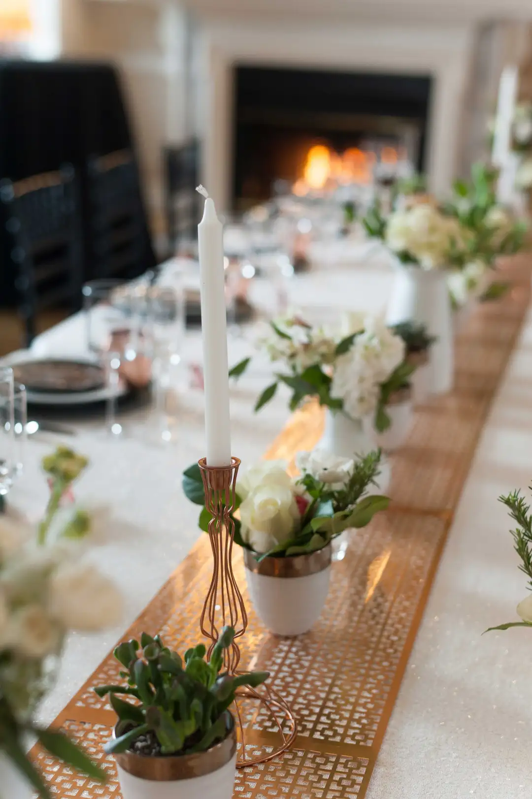 Copper Table Runner with Greenery and Candles