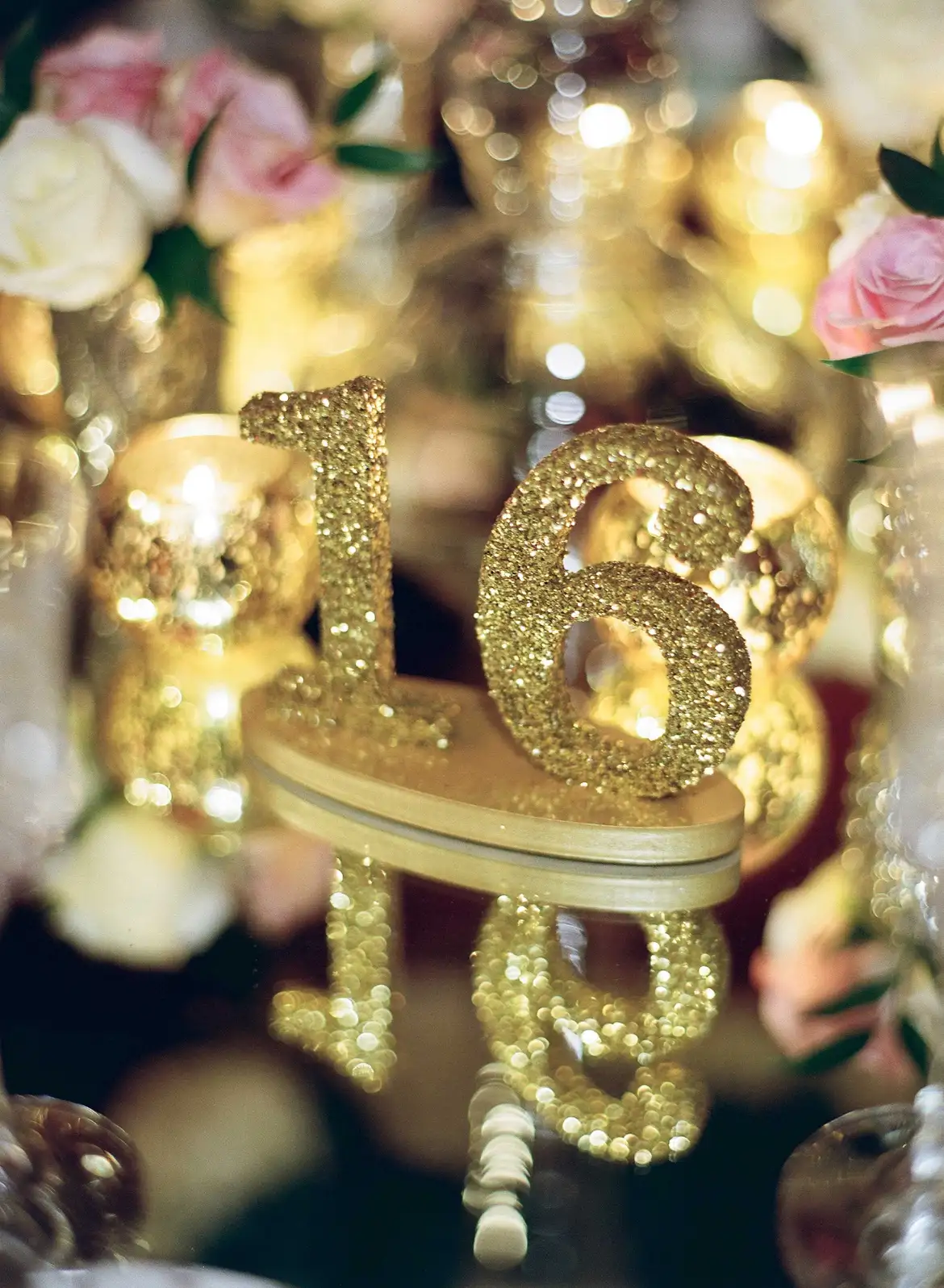 Gold Glitter Table Number on Mirror Surface
