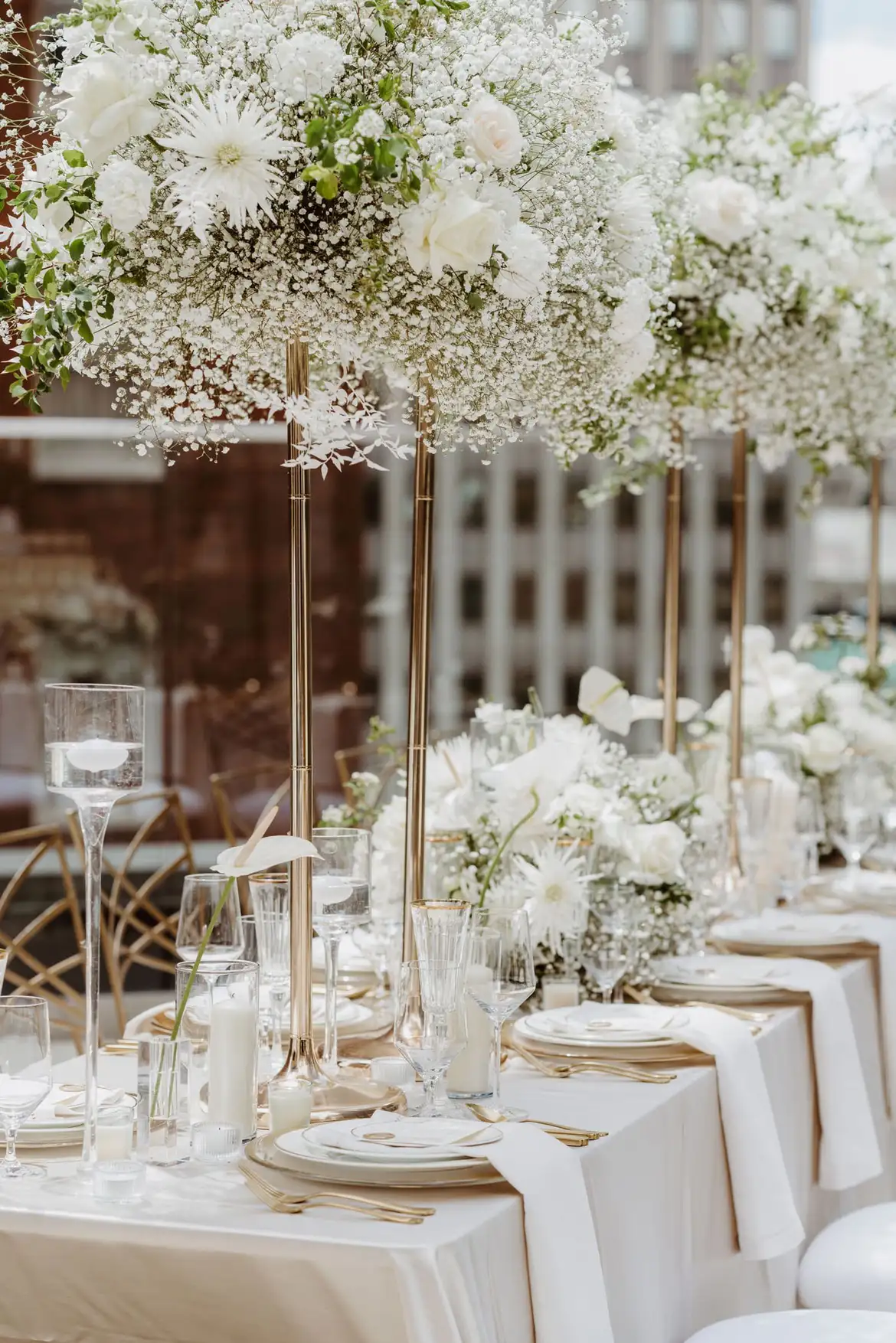 Tall Gold Stand with White Flowers