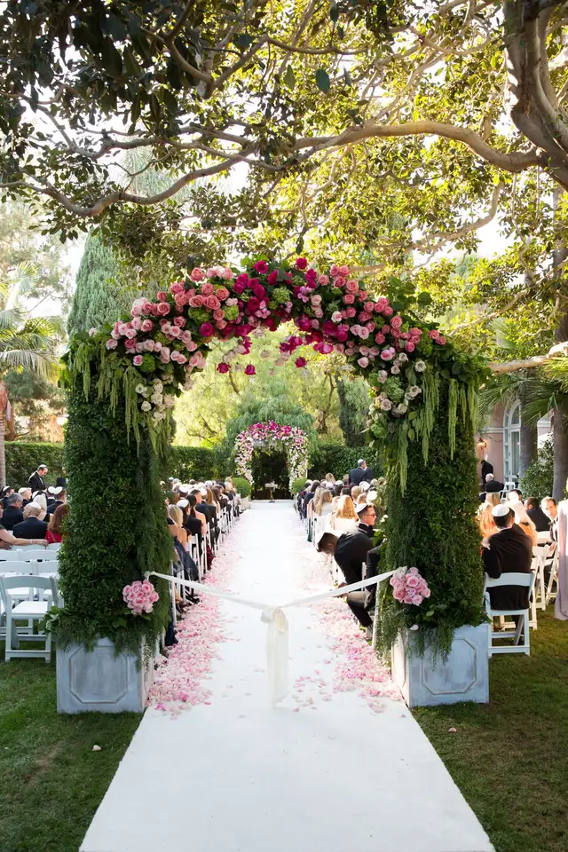 Outdoor Ceremony + Ballroom Reception with Pink Flowers & Greenery ...