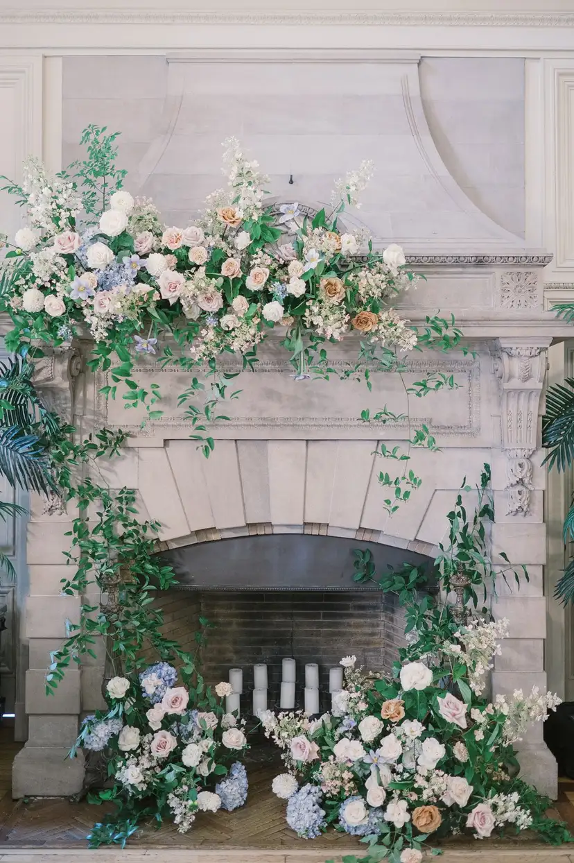 Fireplace Decorated with Pastel Wedding Flowers